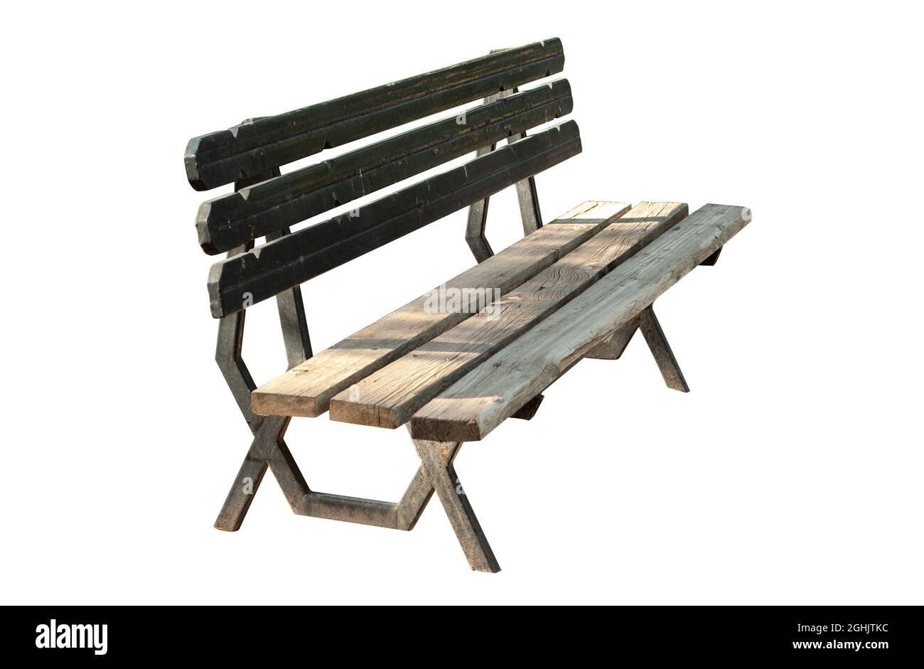 old wooden park bench isolated on a white background, Surface eroded by ...