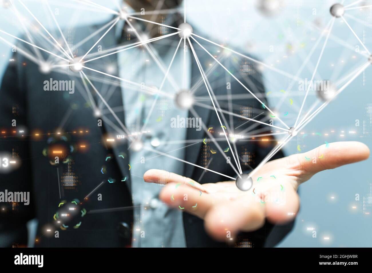 Abstract 3D rendered network hovering over a man's hand Stock Photo - Alamy