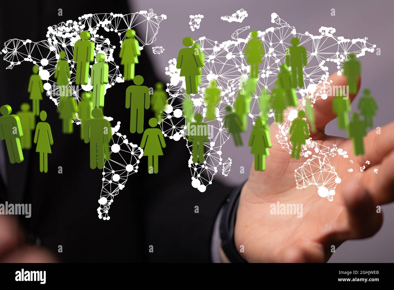 3d rendering of human figures on the world map hovering over man's palm ...