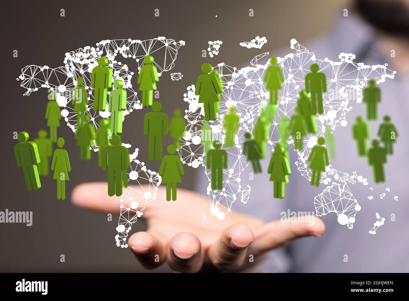 3d rendering of human figures on the world map hovering over man's ...