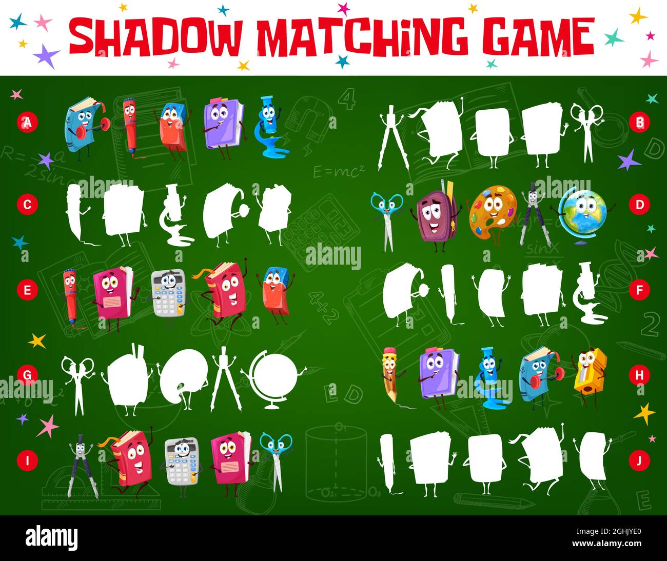 Shadow match game worksheet with school education stationery and books ...