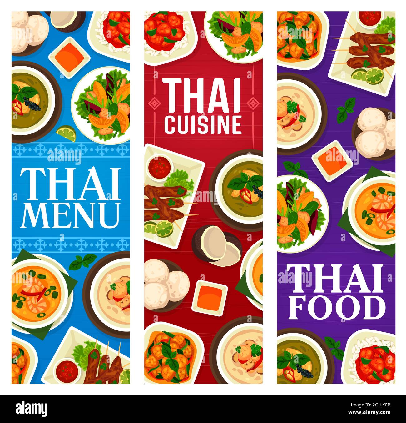 Thai food banners with dishes and meals, Thailand cuisine restaurant ...