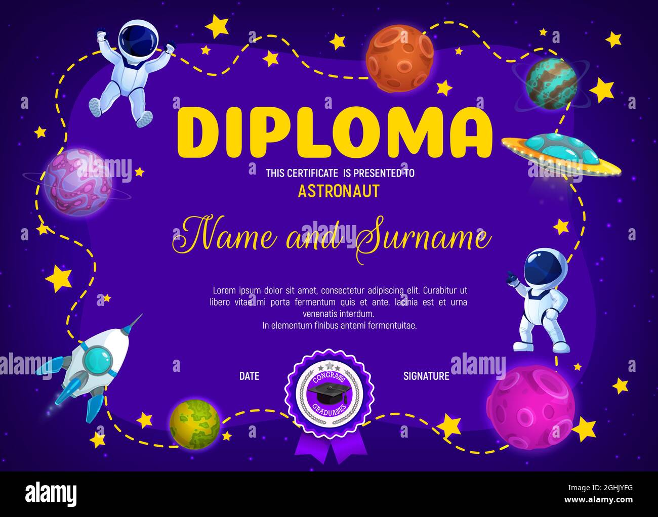 Education diploma with cartoon galaxy space, planets, astronaut, spacecraft and spaceship. Kids ...