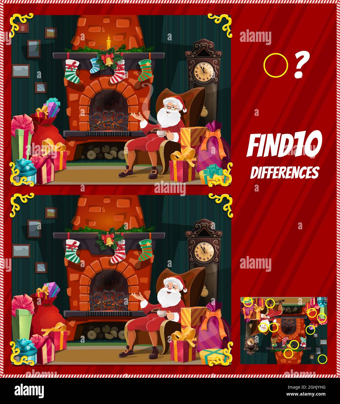 Kids game find ten differences with Santa Claus at fire place. Vector ...
