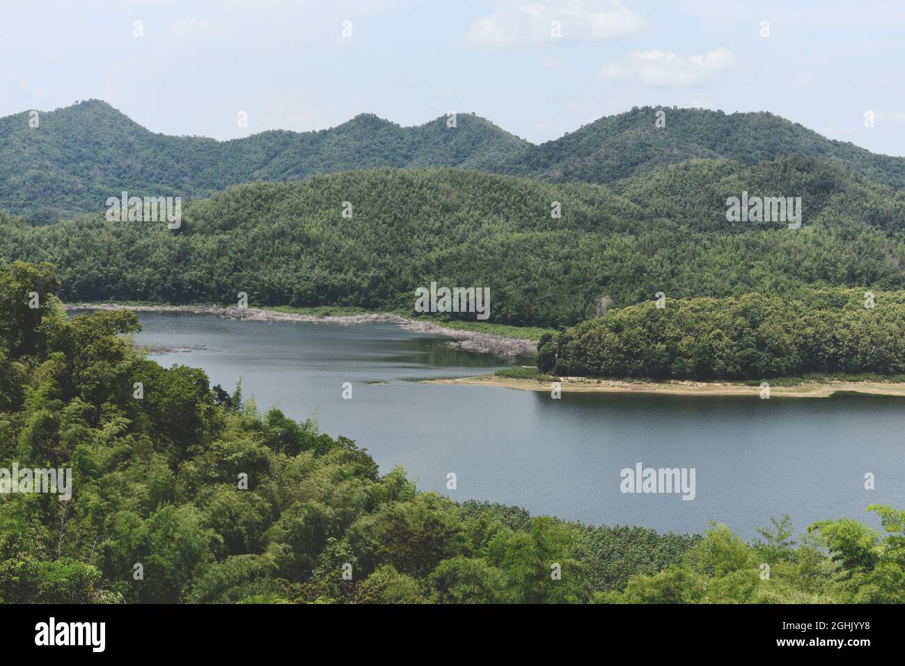 River lagoon pond with blue water green forest beautiful fresh ...