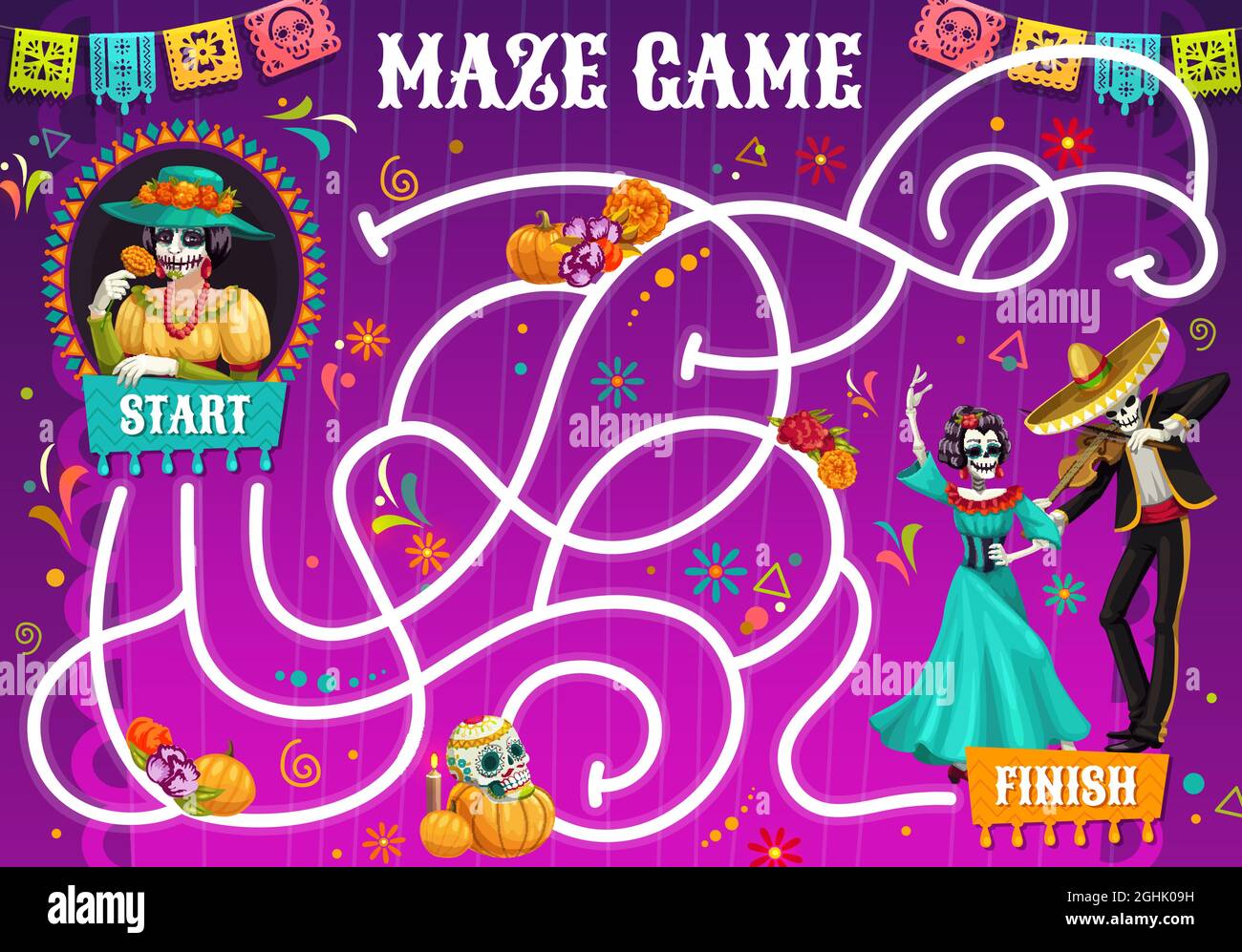 Labyrinth maze riddle. Dia de los muertos holiday characters. Kids ...
