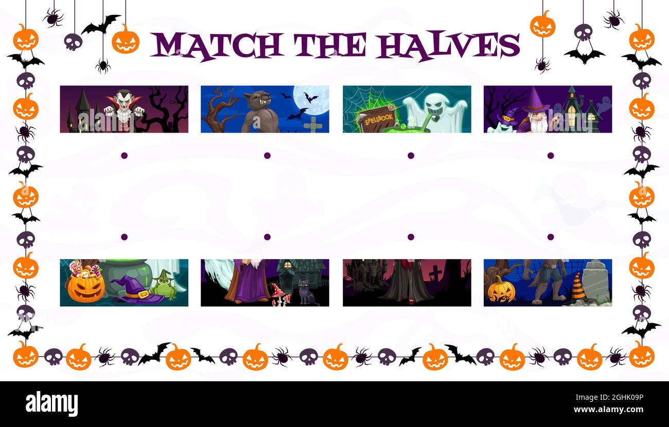 Find two halves vector Halloween kids maze game. Educational matching ...