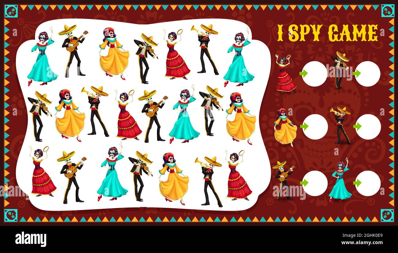 I spy game Dia de Los Muertos characters, vector educational kids ...