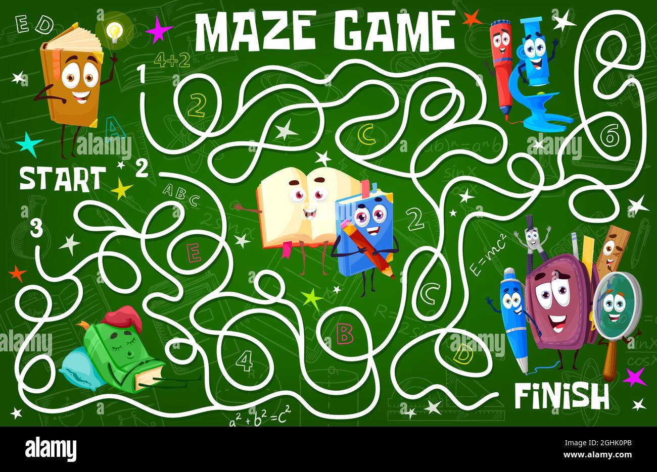 Kids labyrinth maze with school books, science formulas and education ...