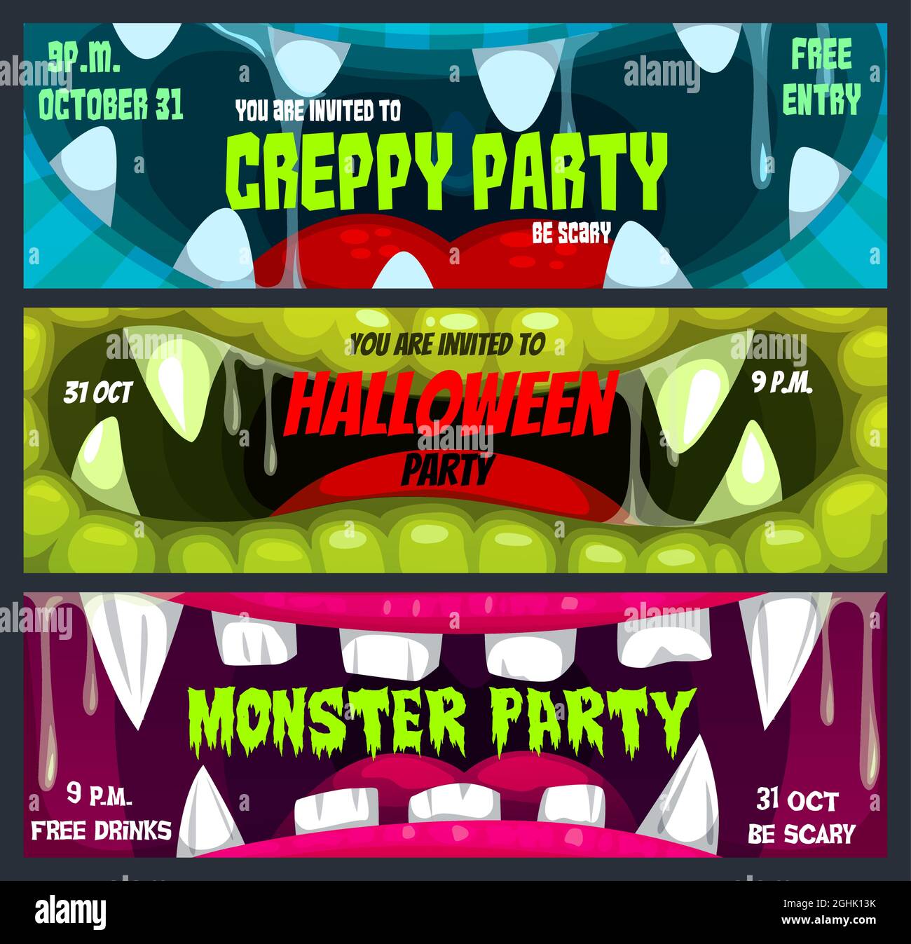 Halloween horror night party vector banners with cartoon screaming ...