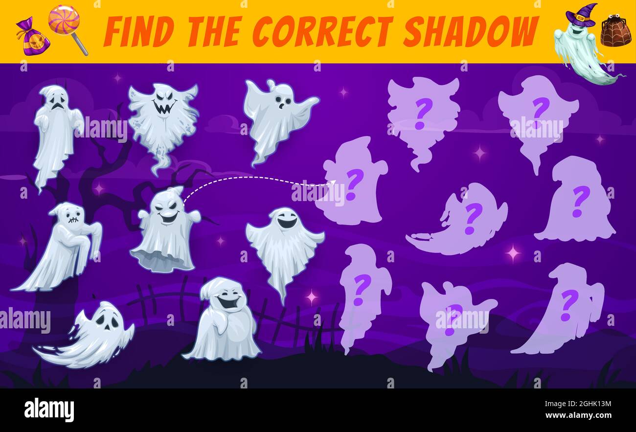 Halloween kids maze, find the correct ghost shadow vector match game ...
