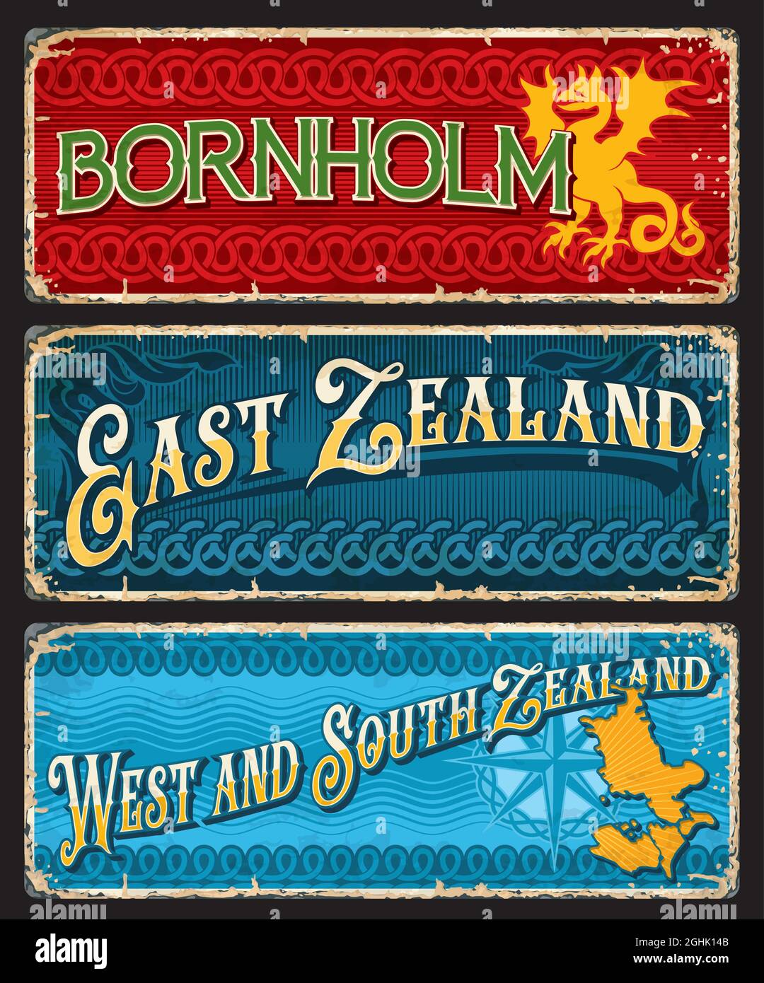 Bornholm, East, West and South Zealand Denmark plates. Danish island ...