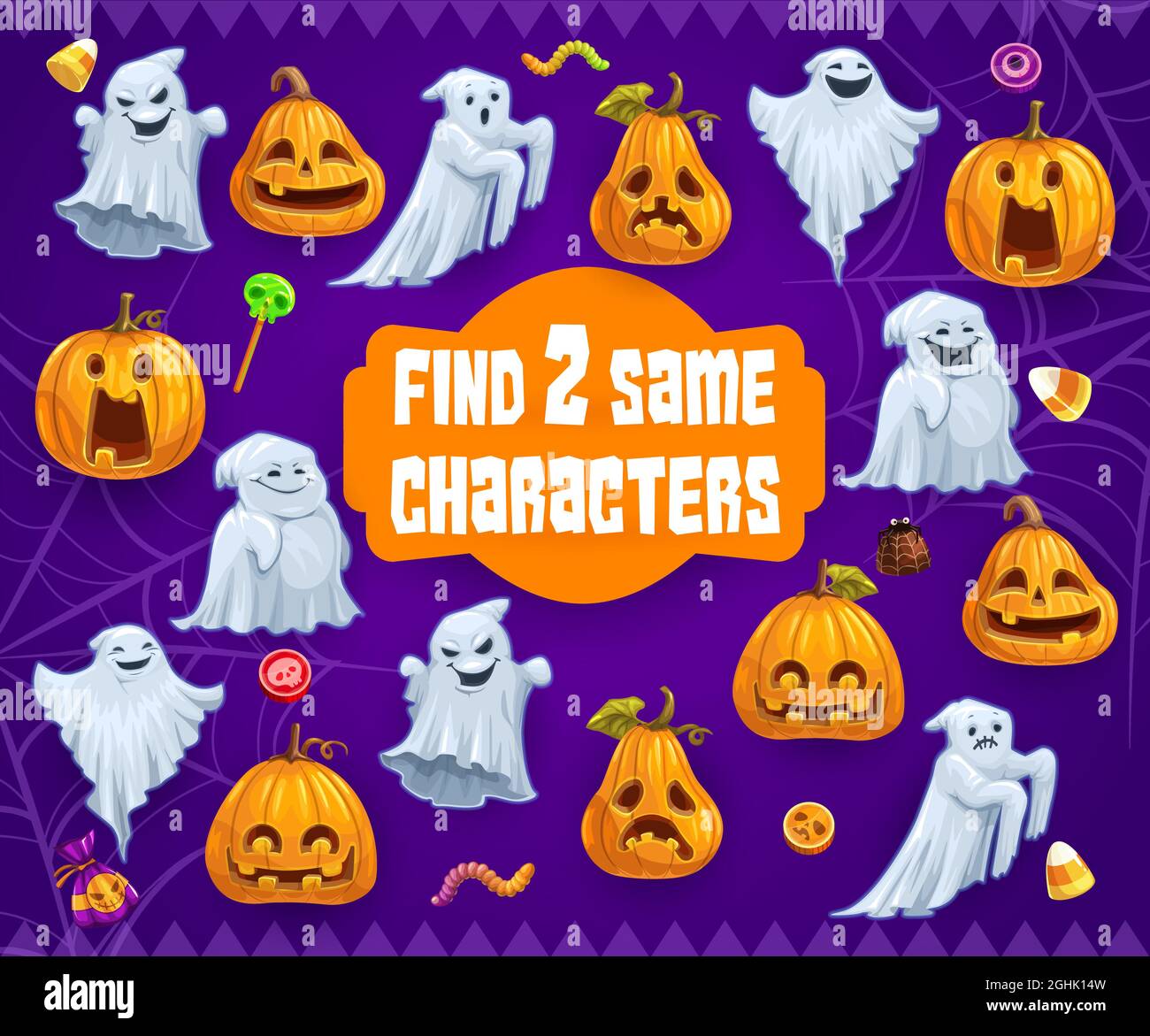 Halloween kids riddle game find two same ghosts and pumpkins vector ...