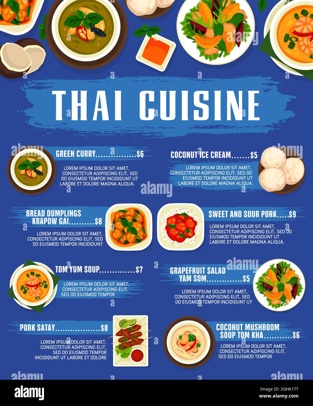 Thai cuisine, Thailand food dishes and meals, vector restaurant lunch ...