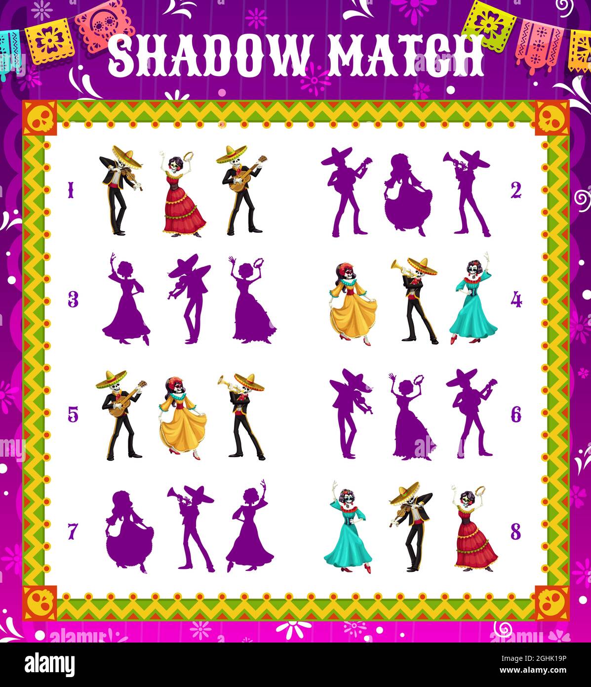 Dia de los Muertos shadow match game, vector kids puzzle with Mexican ...