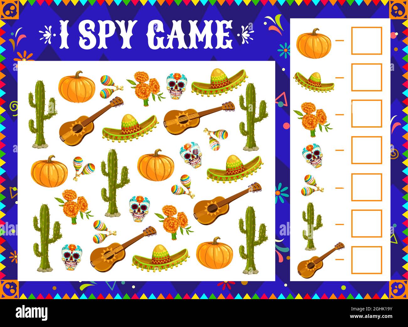 I spy game. Dia de los muertos holiday symbols. Kids riddle with ...