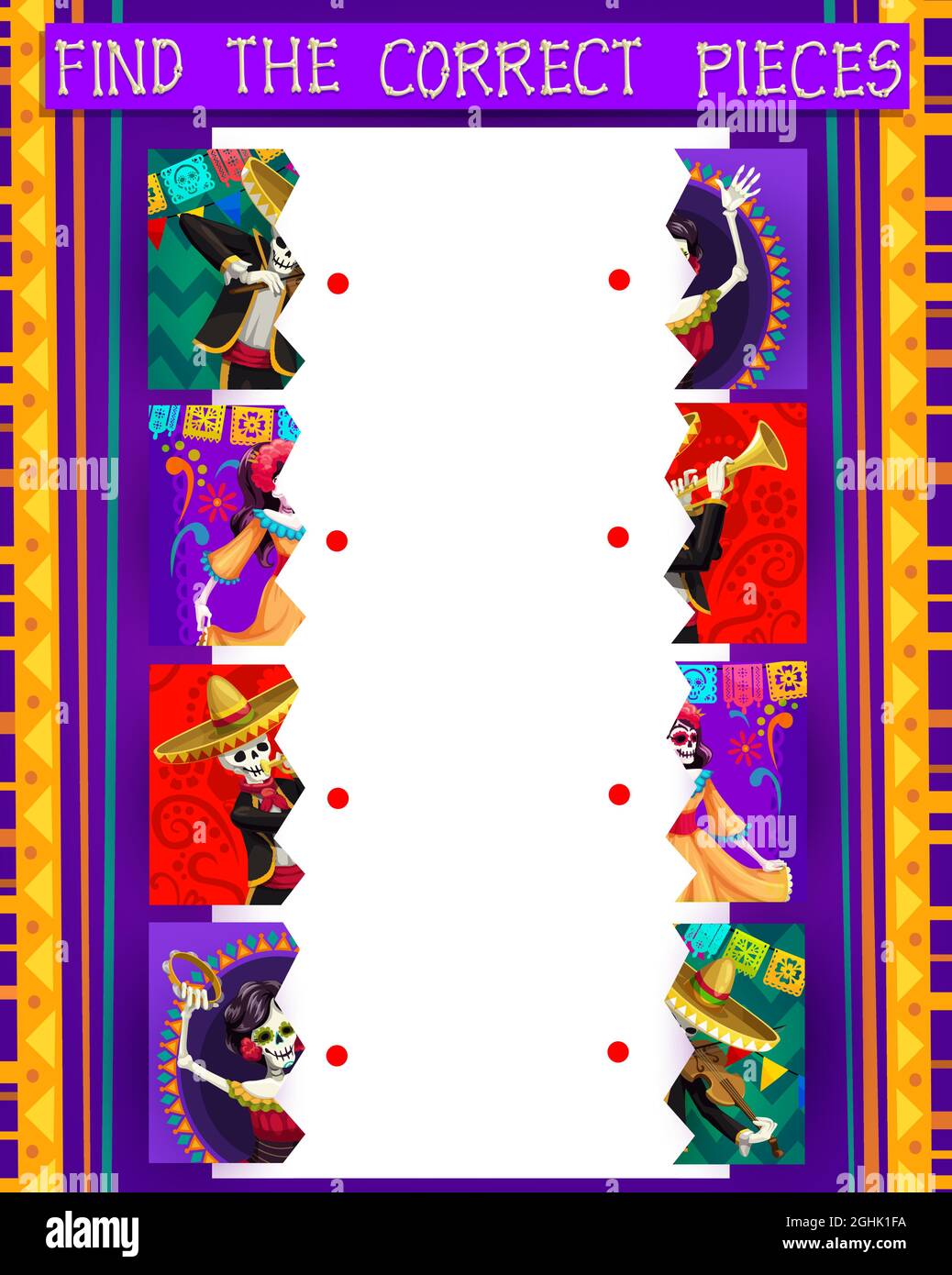 Find the correct half, Mexican holiday kids maze with vector skulls of ...