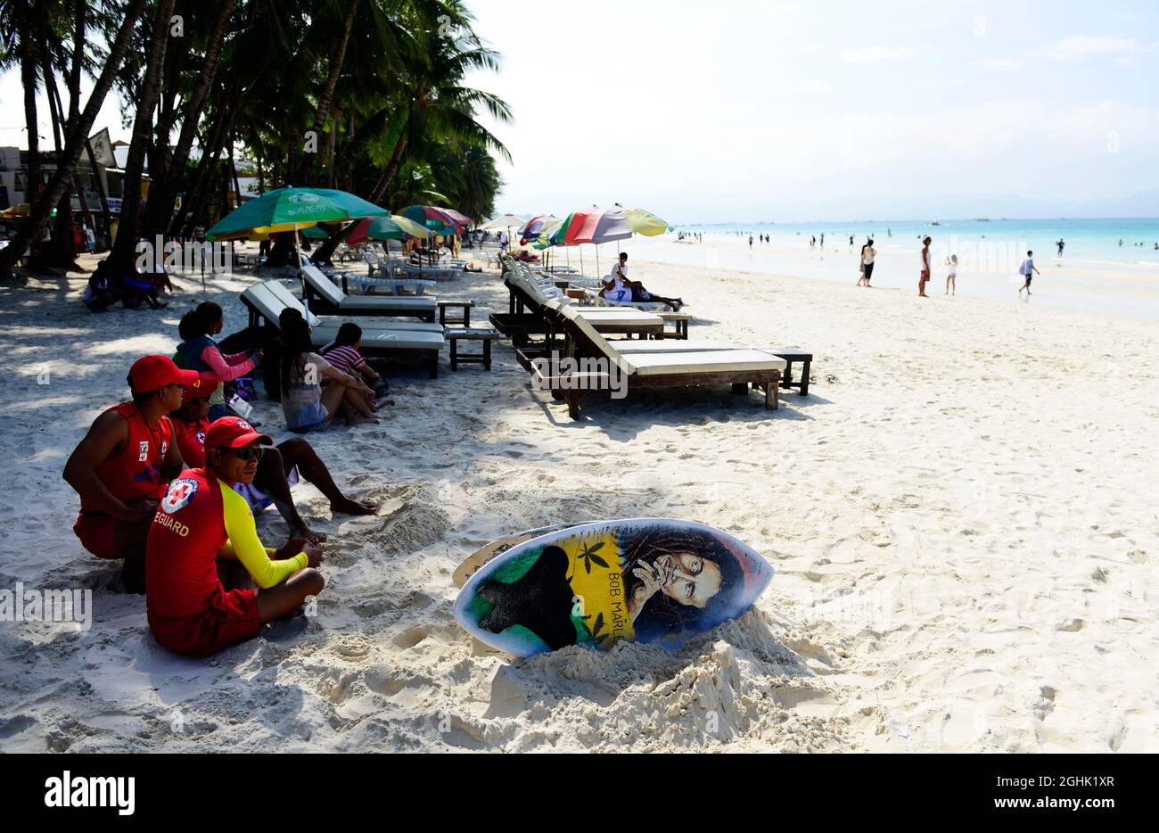 A Bob Marley painted paddle board on Boracay beach in The Philippines ...