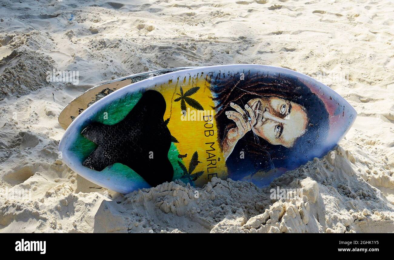 A Bob Marley painted paddle board on Boracay beach in The Philippines ...