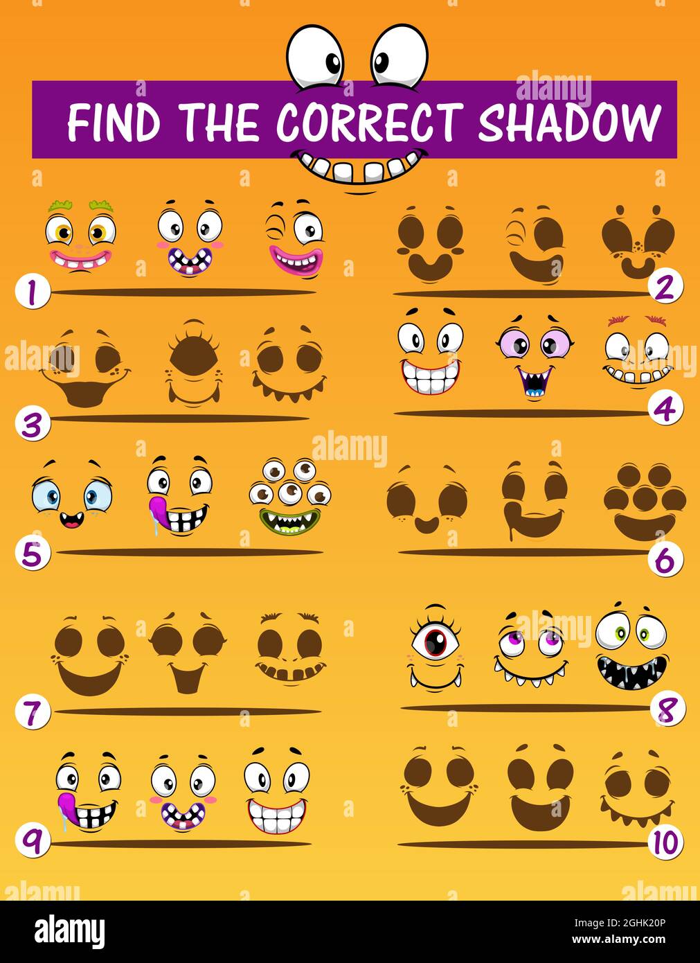 Children shadow match game with monsters faces. Kids puzzle riddle ...