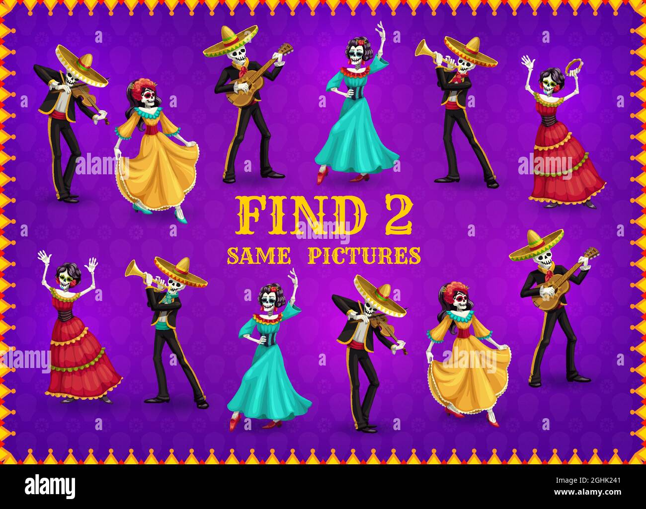 Dia de los Muertos Day game of find two same skeletons. Vector game ...