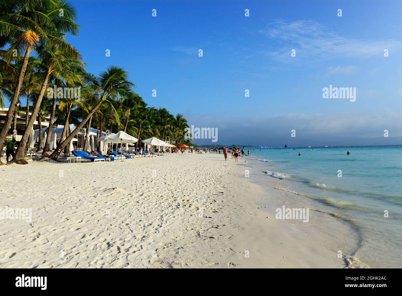 The pristine white sand beach on Boracay island, Aklan province, The ...