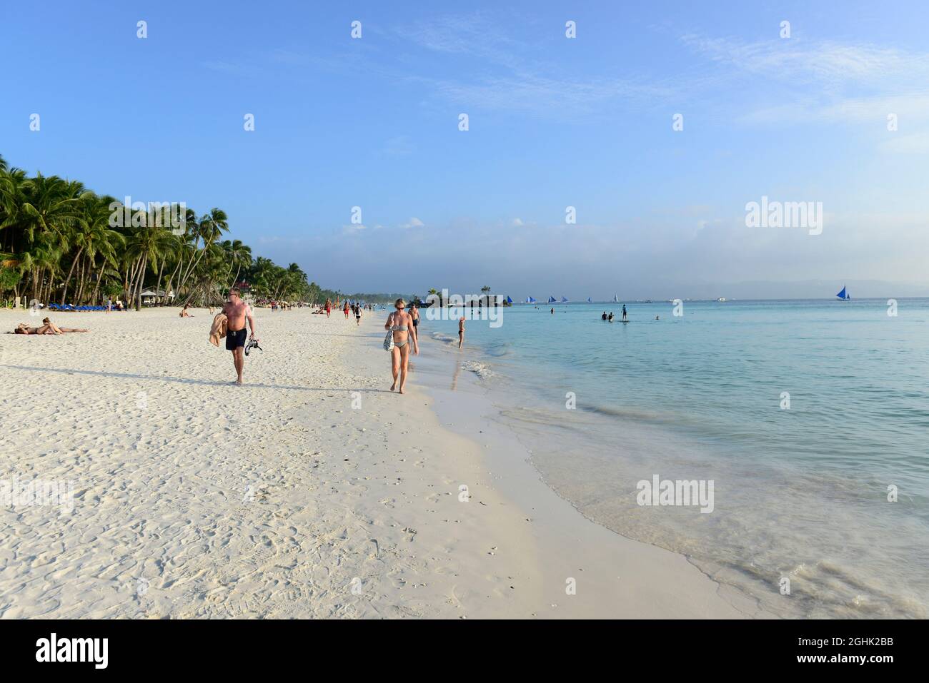 The pristine white sand beach on Boracay island, Aklan province, The ...