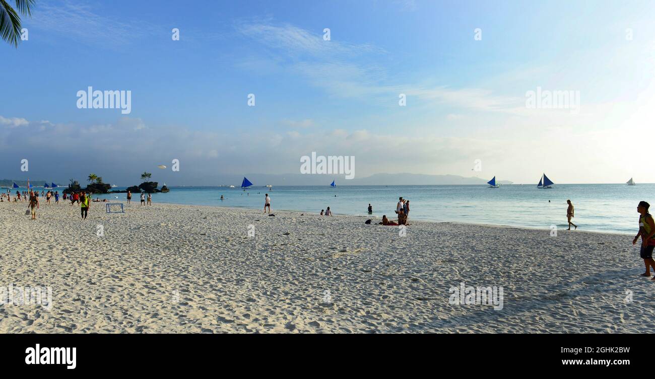 The pristine white sand beach on Boracay island, Aklan province, The ...