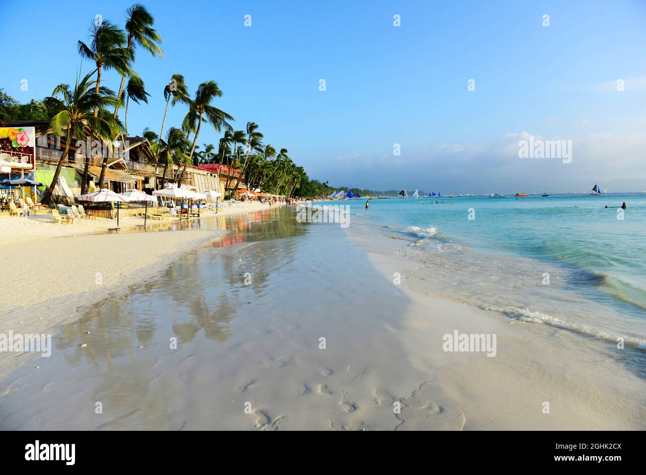 The pristine white sand beach on Boracay island, Aklan province, The ...
