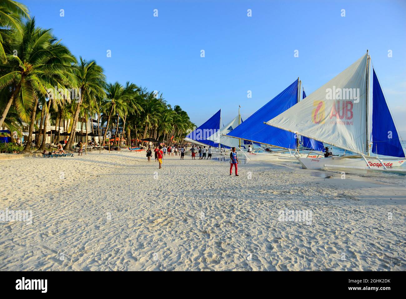 The pristine white sand beach on Boracay island, Aklan province, The ...