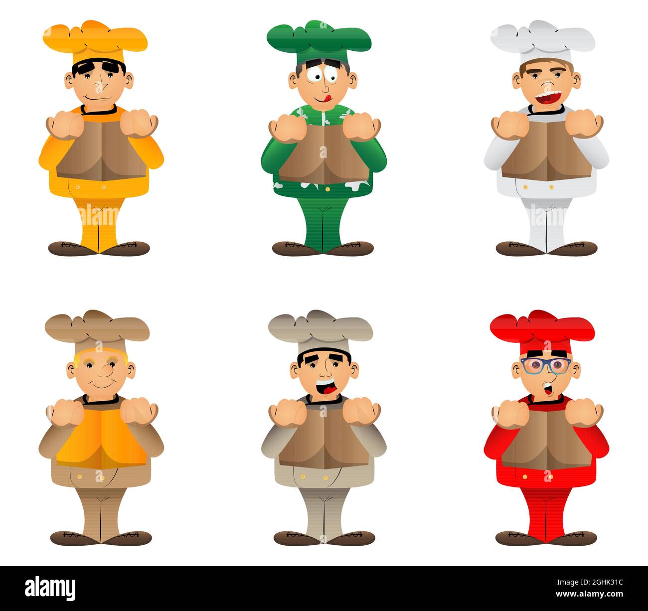 Fat male cartoon chef in uniform reading book and hiding behind it ...