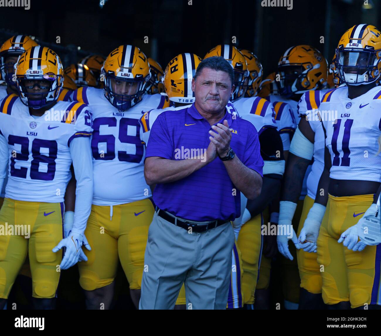 Pasadena, California, USA. 04th Sep, 2021. LSU Tigers head coach Ed Orgeron leads his team onto ...