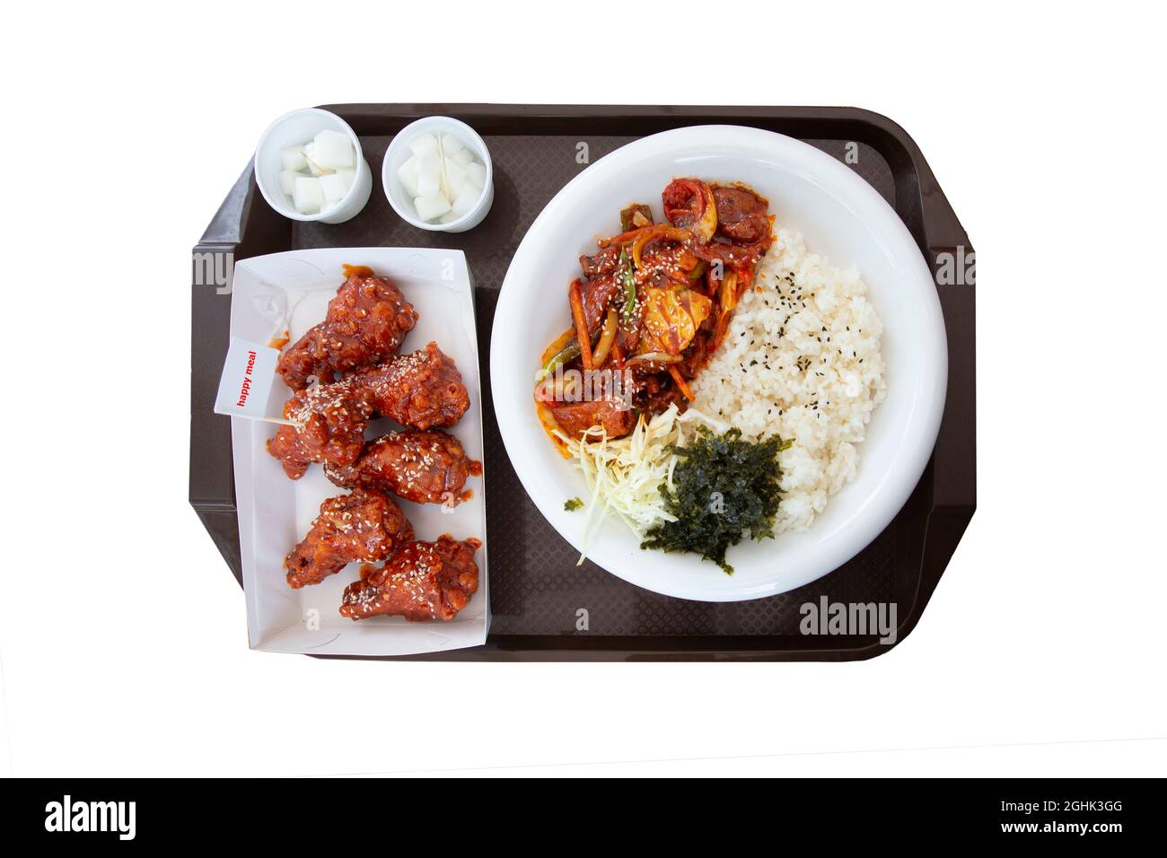 Traditional Korean food served as fast food ready to eat on white ...