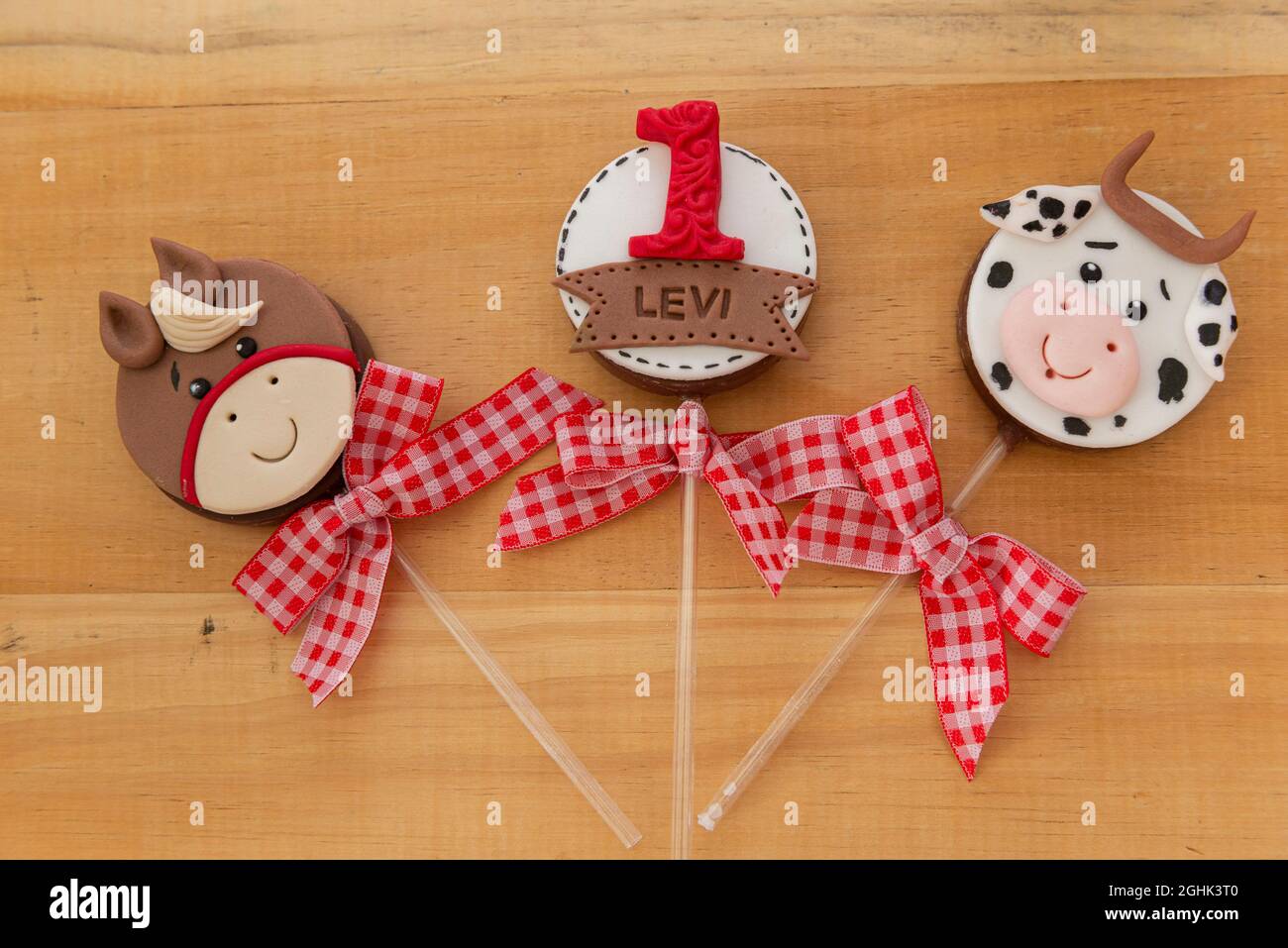 Chocolate lollipops decorated for children's birthday in country, farm ...
