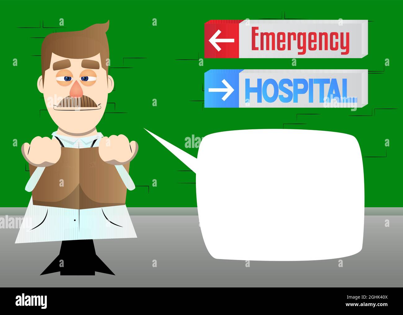 Funny cartoon doctor reading book and hiding behind it. Learning health ...