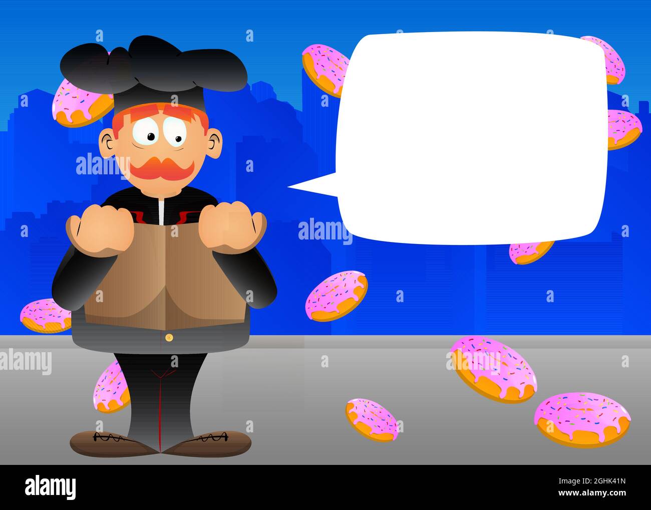 Fat male cartoon chef in uniform reading book and hiding behind it ...