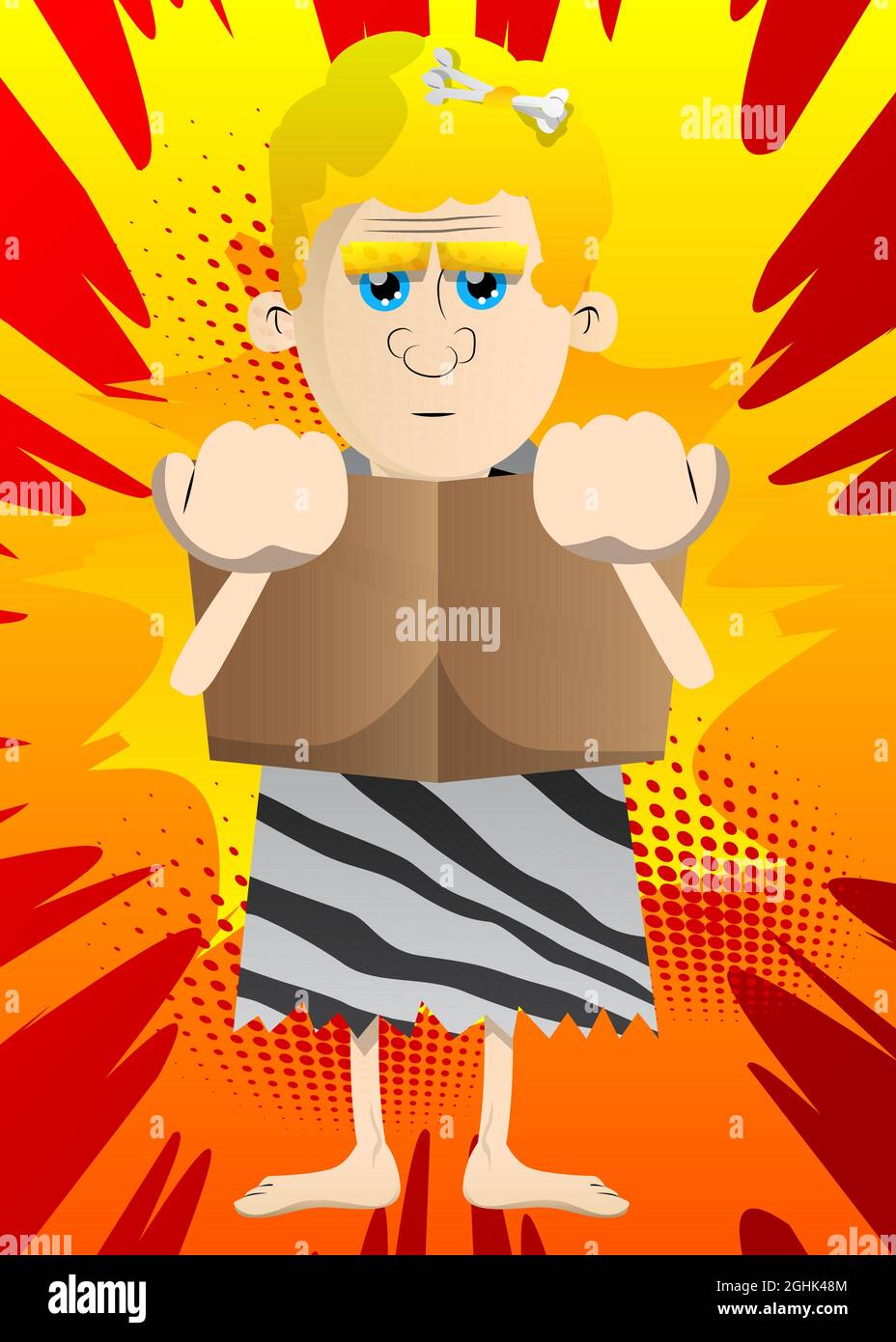 Cartoon prehistoric man reading book and hiding behind it. Vector ...