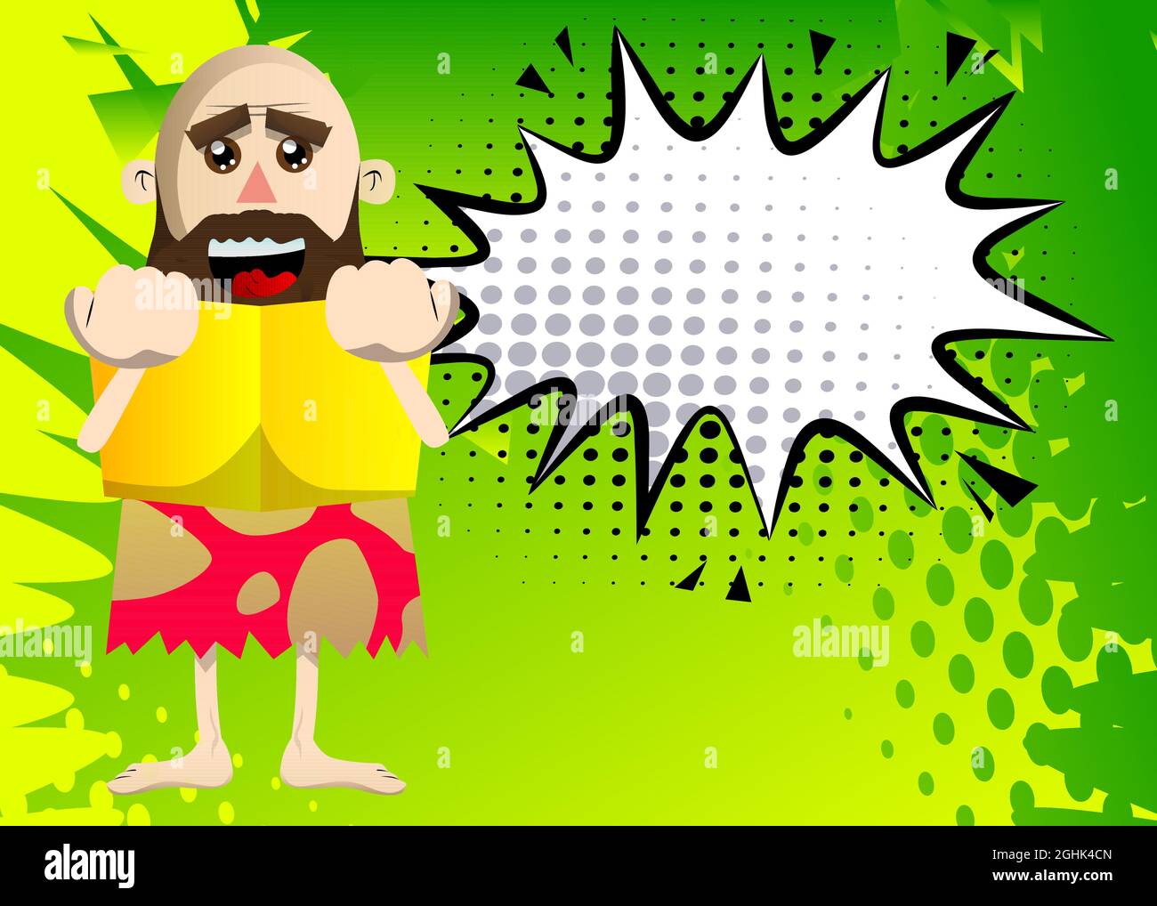 Cartoon prehistoric man reading book and hiding behind it. Vector ...