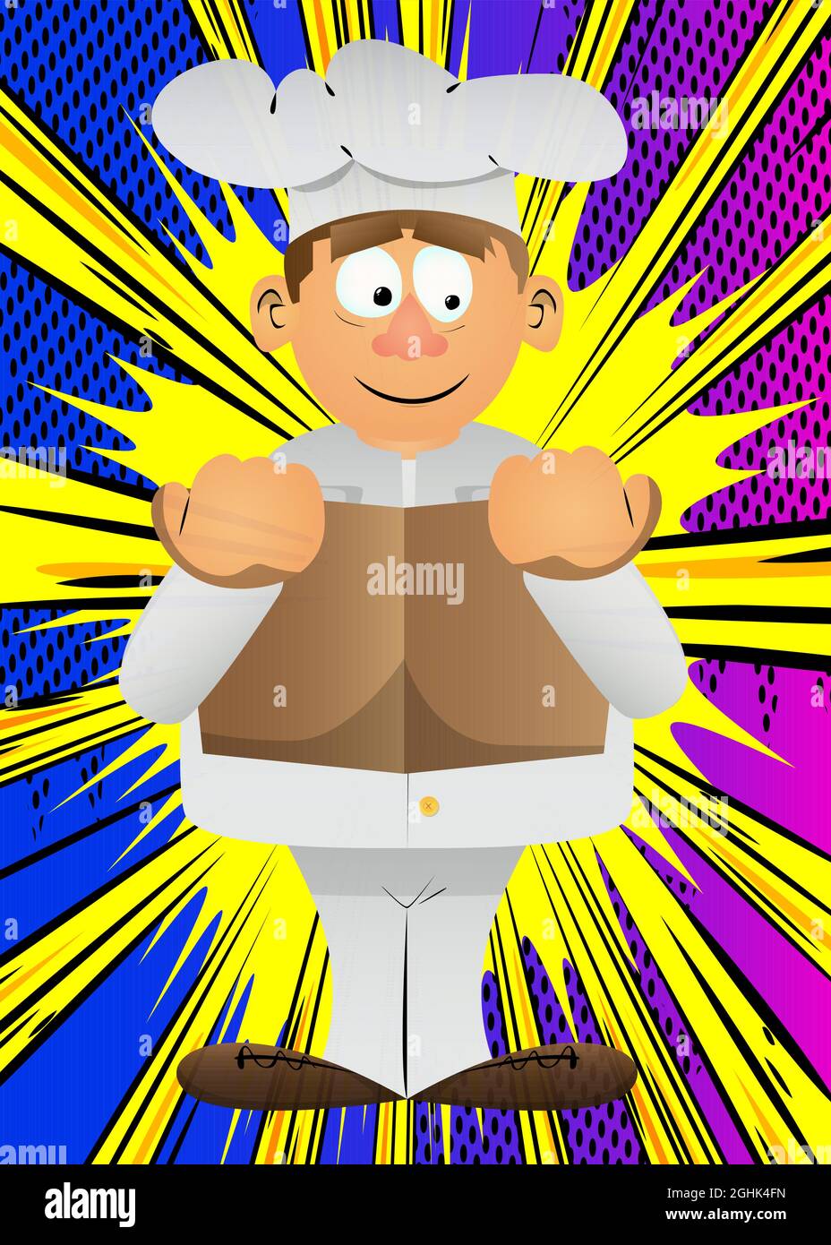 Fat male cartoon chef in uniform reading book and hiding behind it ...
