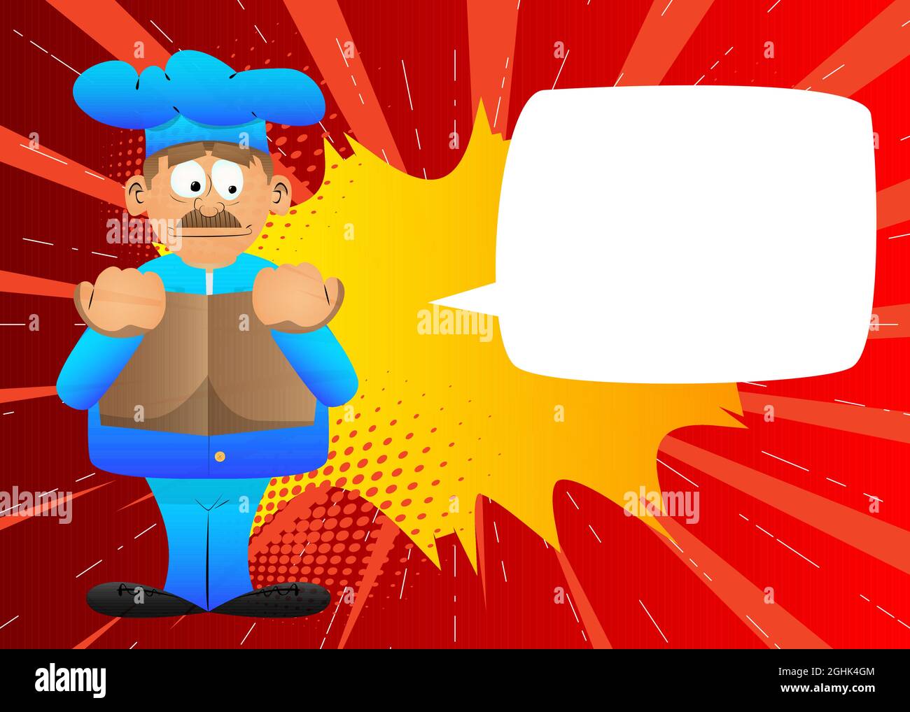 Fat male cartoon chef in uniform reading book and hiding behind it ...