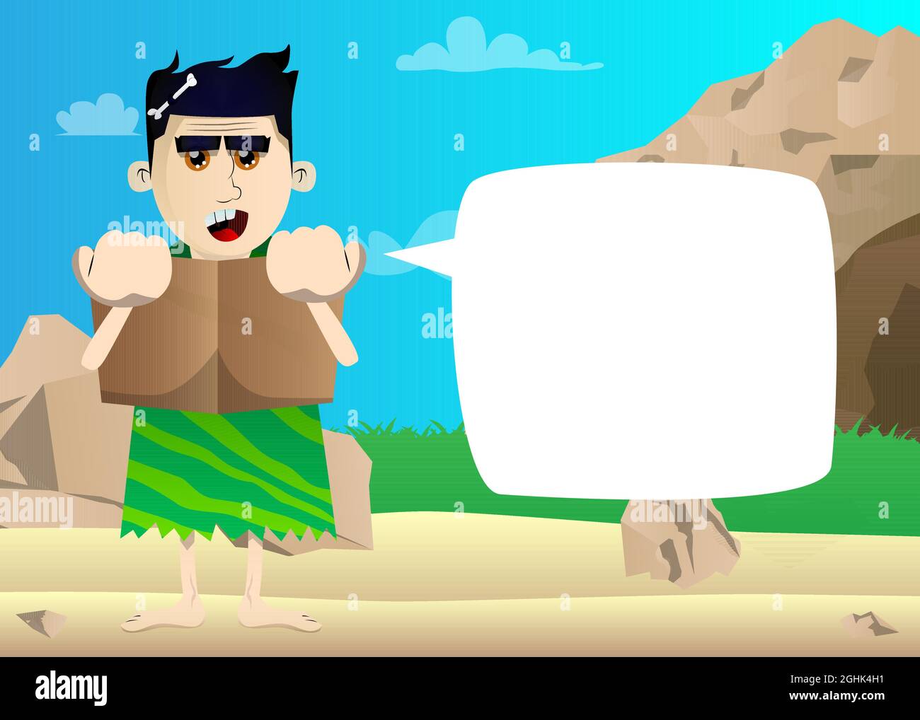 Cartoon prehistoric man reading book and hiding behind it. Vector ...