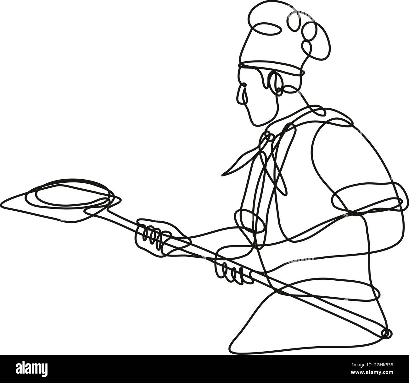 Continuous line drawing illustration of a pizza baker chef or cook ...