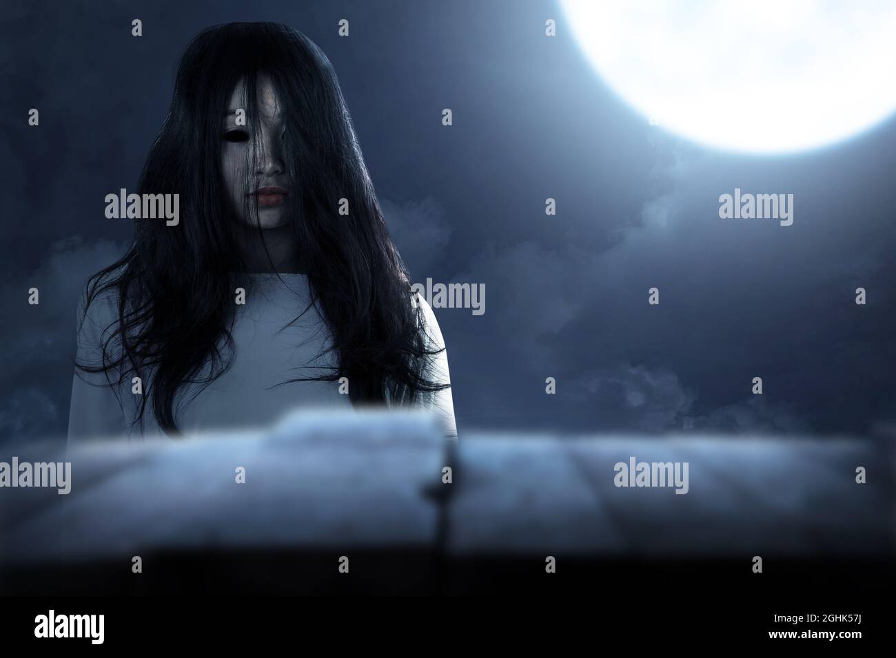 Scary ghost woman standing with night scene background. Halloween ...