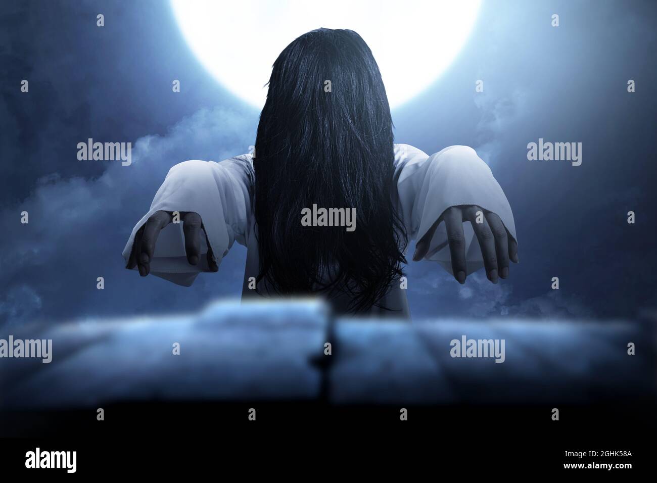 Scary ghost woman standing with night scene background. Halloween ...