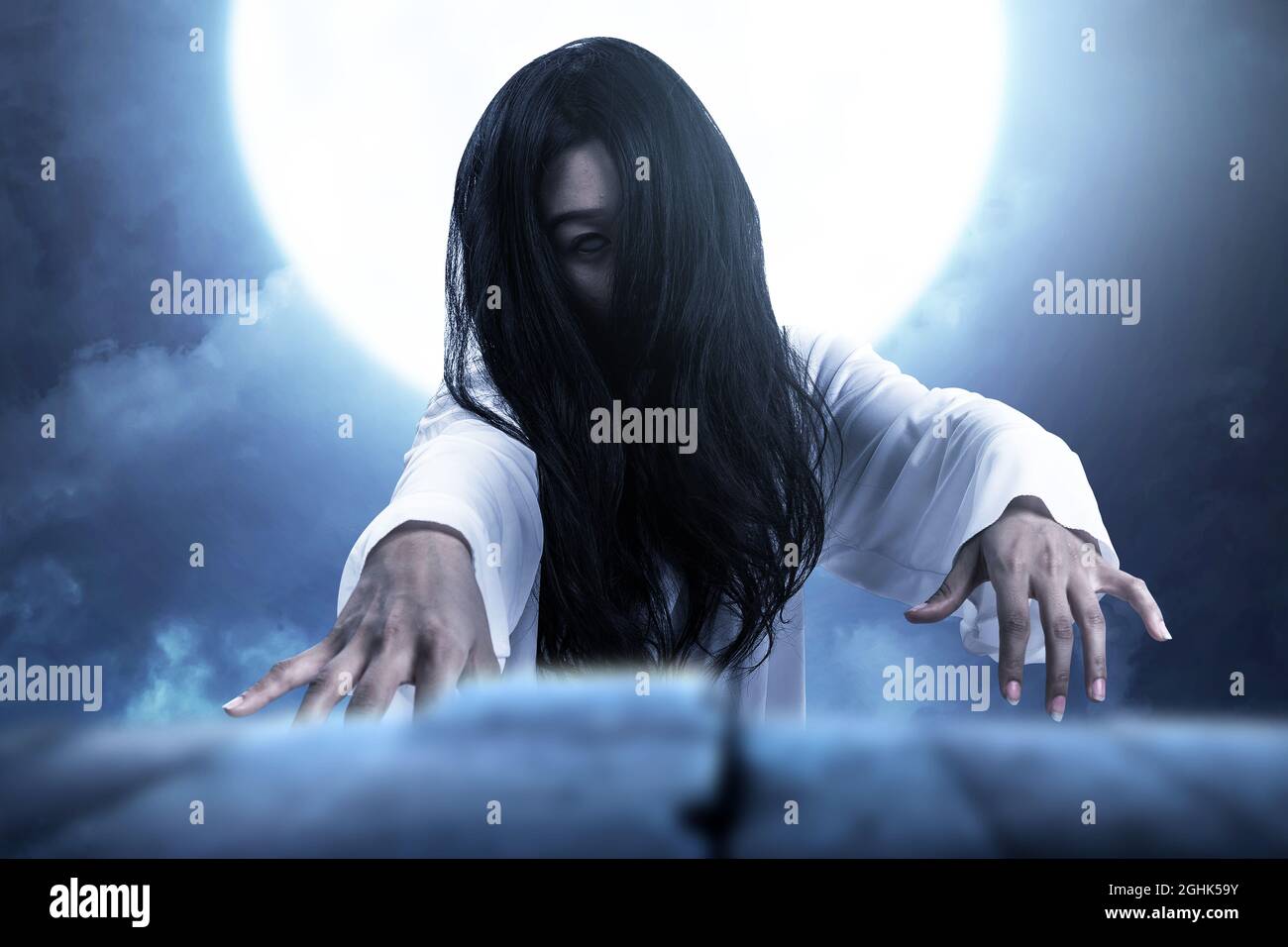 Scary ghost woman standing with night scene background. Halloween ...