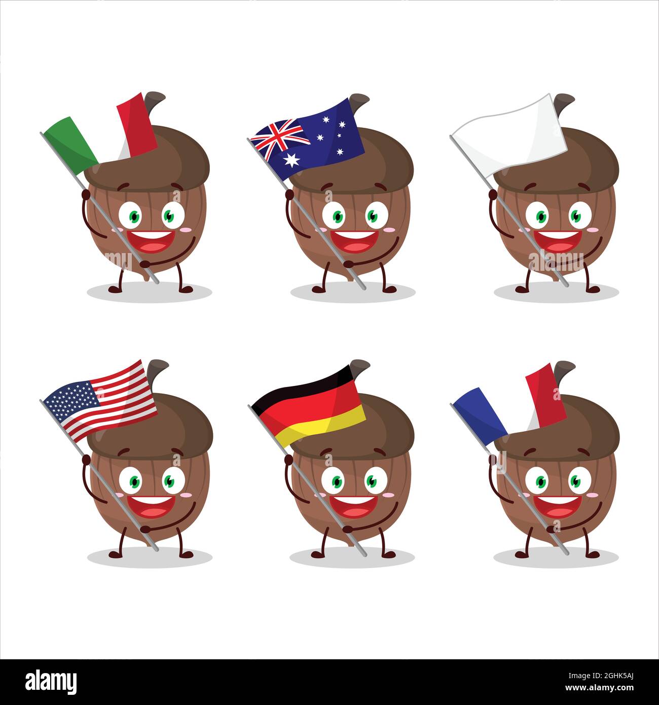 Acorn Cartoon Character Bring The Flags Of Various Countries Vector