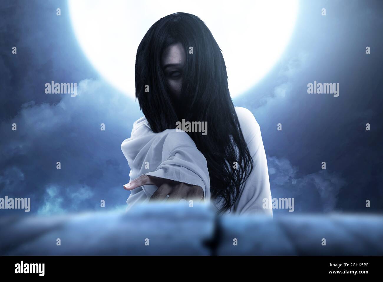 Scary ghost woman standing with night scene background. Halloween ...