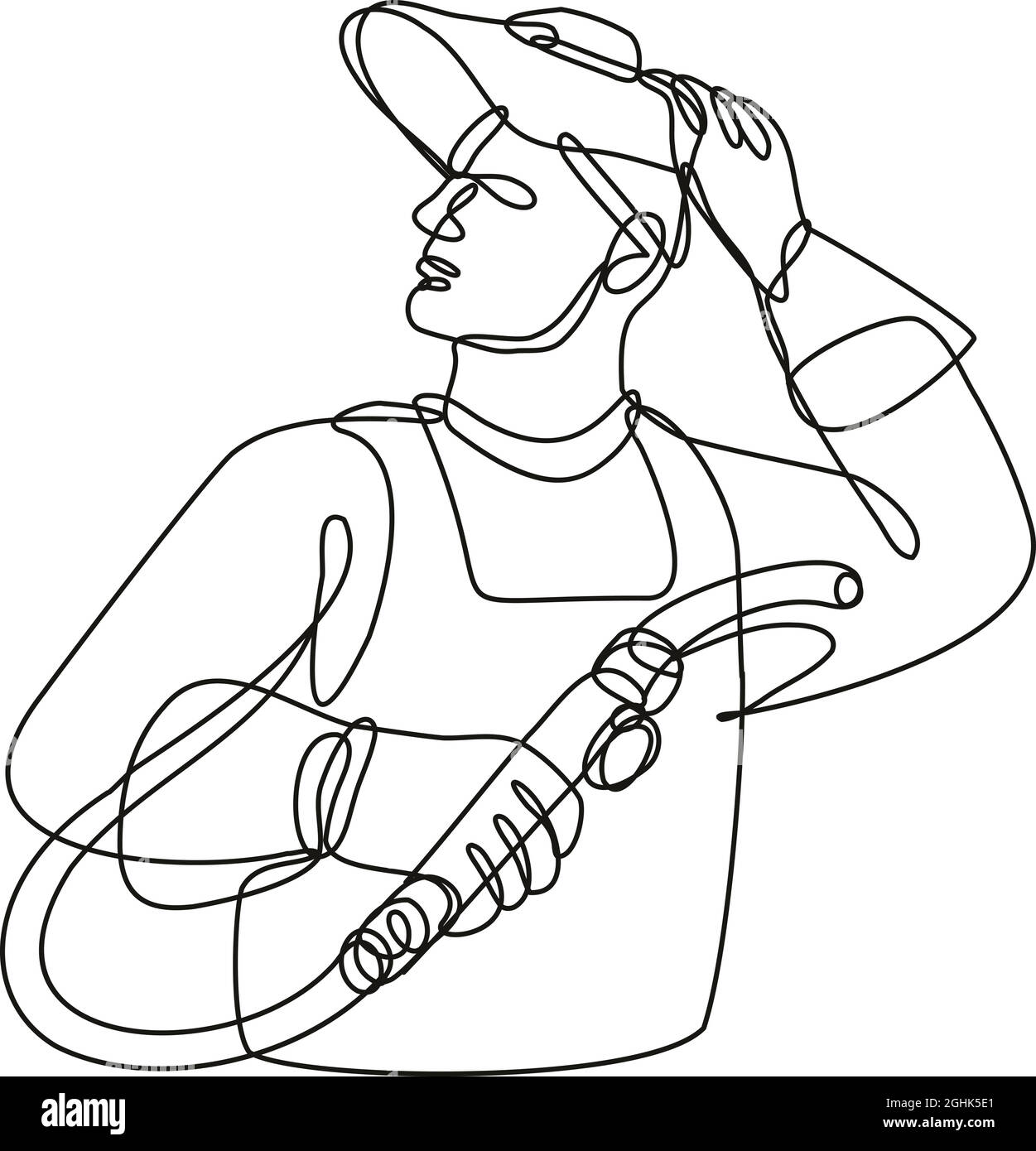 Continuous line drawing illustration of a welder with visor holding ...