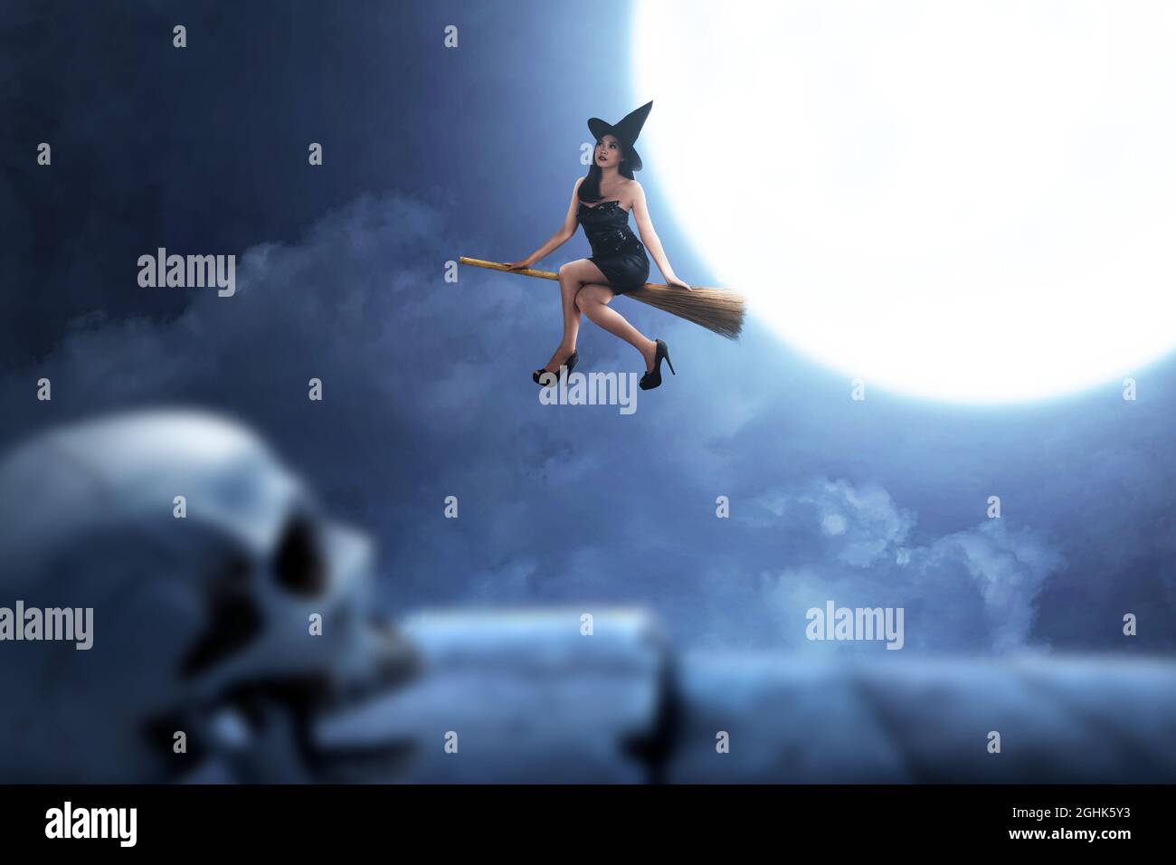 Asian witch woman with hat flying on a magic broomstick with a full ...