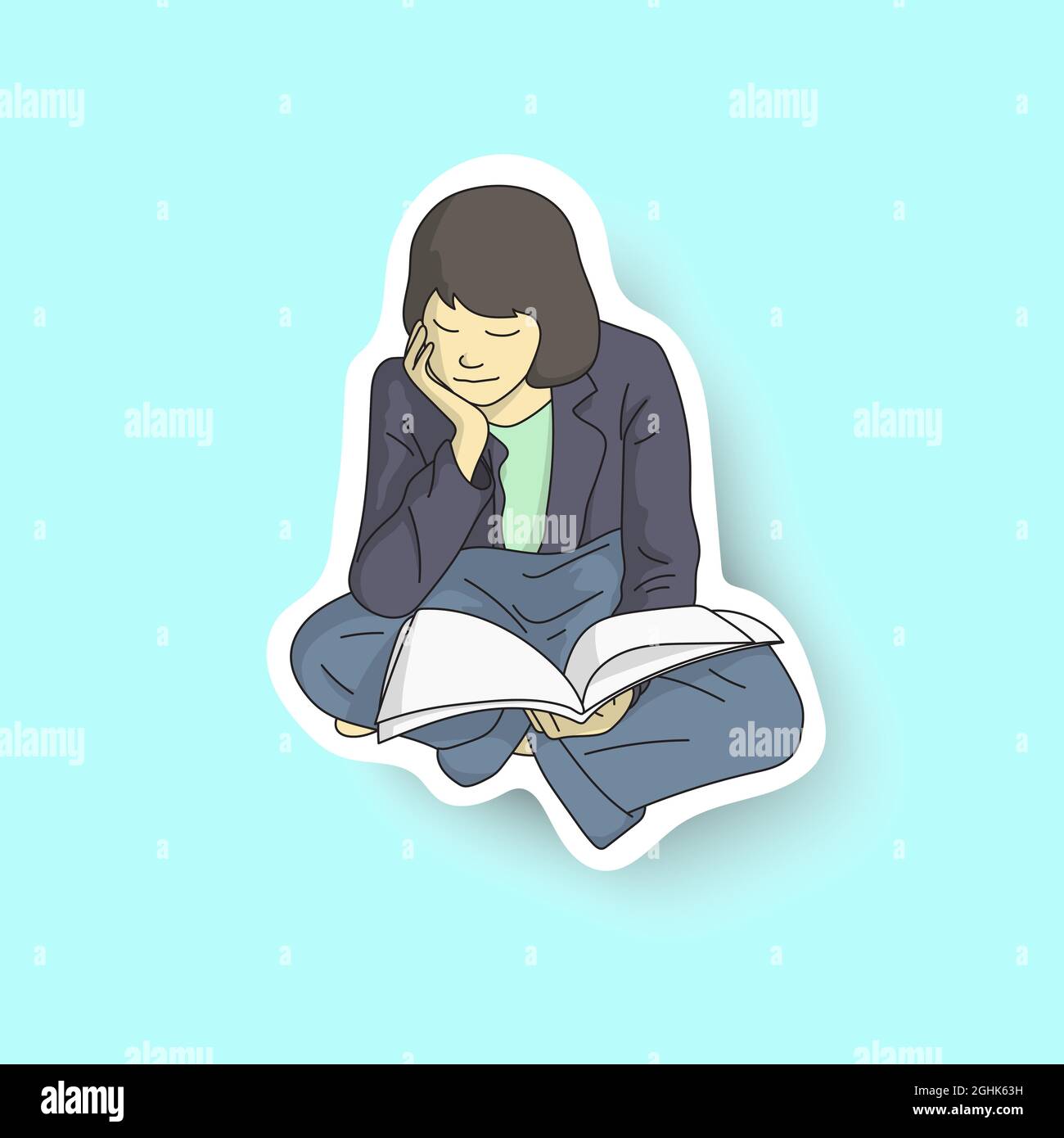 woman reading magazine or book on the ground hand drawn illustration ...